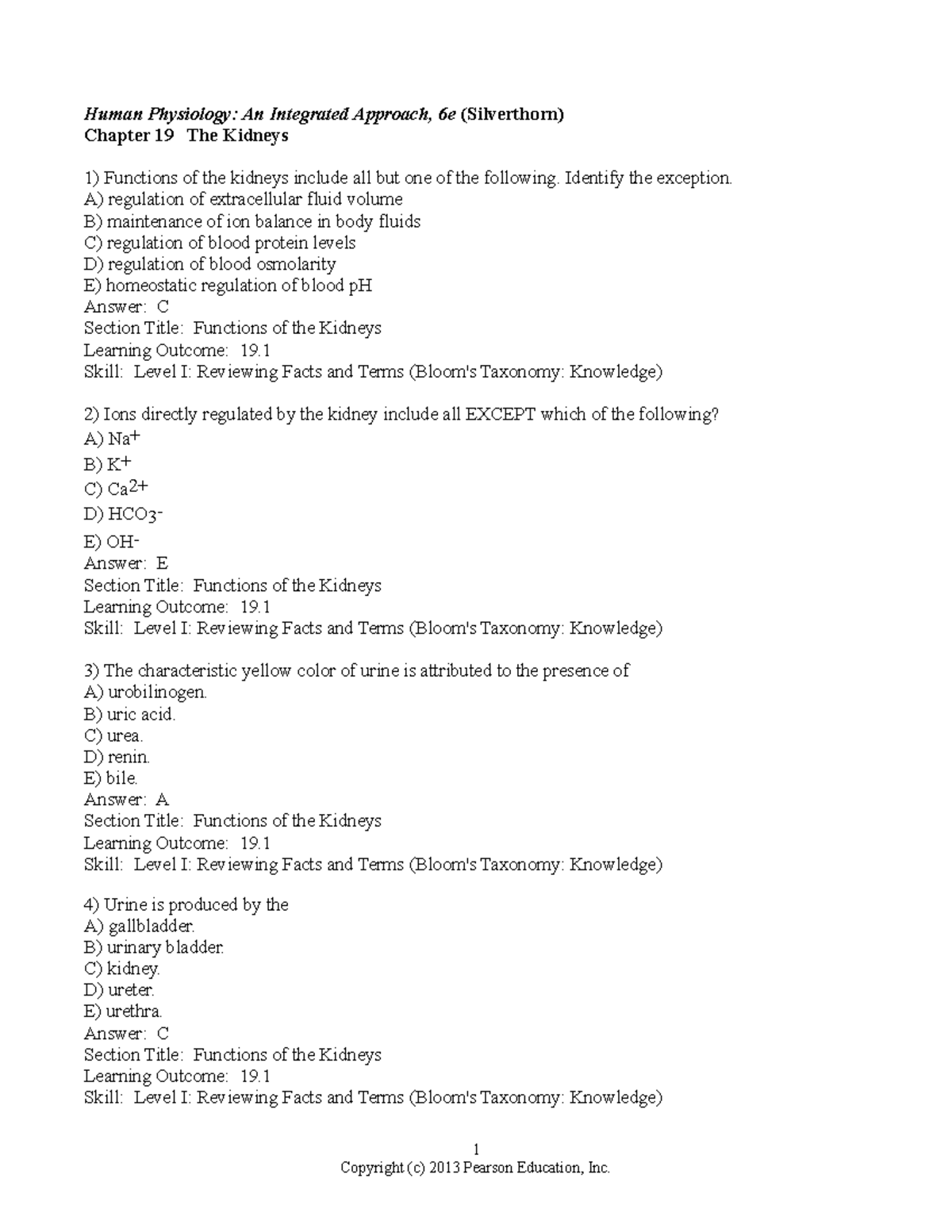 Ch 19 Test Bank: Functions, Anatomy & Filtration in Kidneys - Studocu