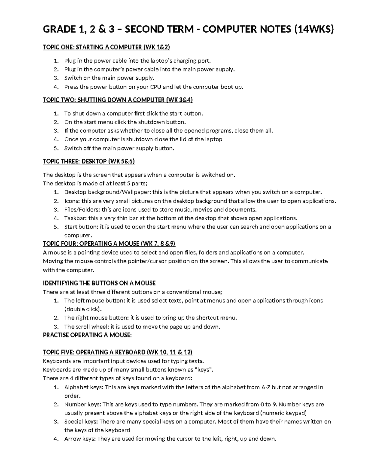Grade 1, 2 & 3 Computer Notes - Second Term Overview (14 Weeks) - Studocu