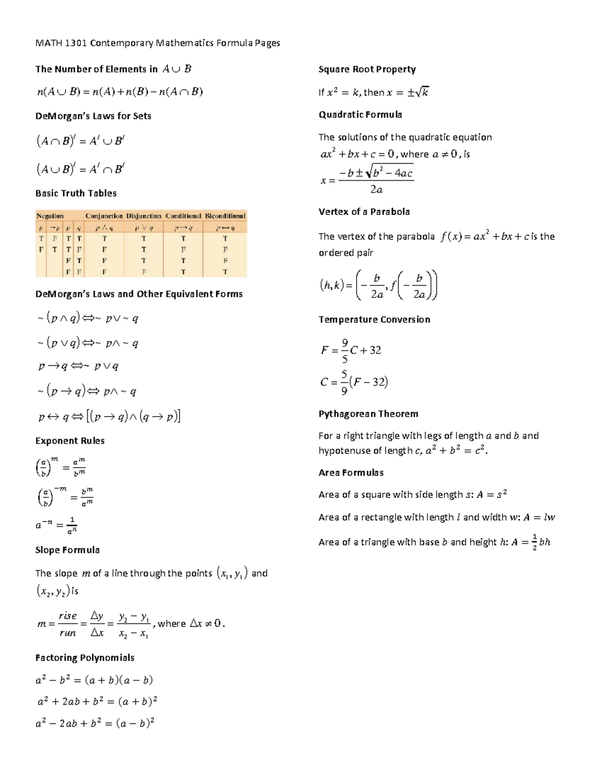 MATH 1301 Contemporary Mathematics Comprehensive Formula Sheet - Studocu