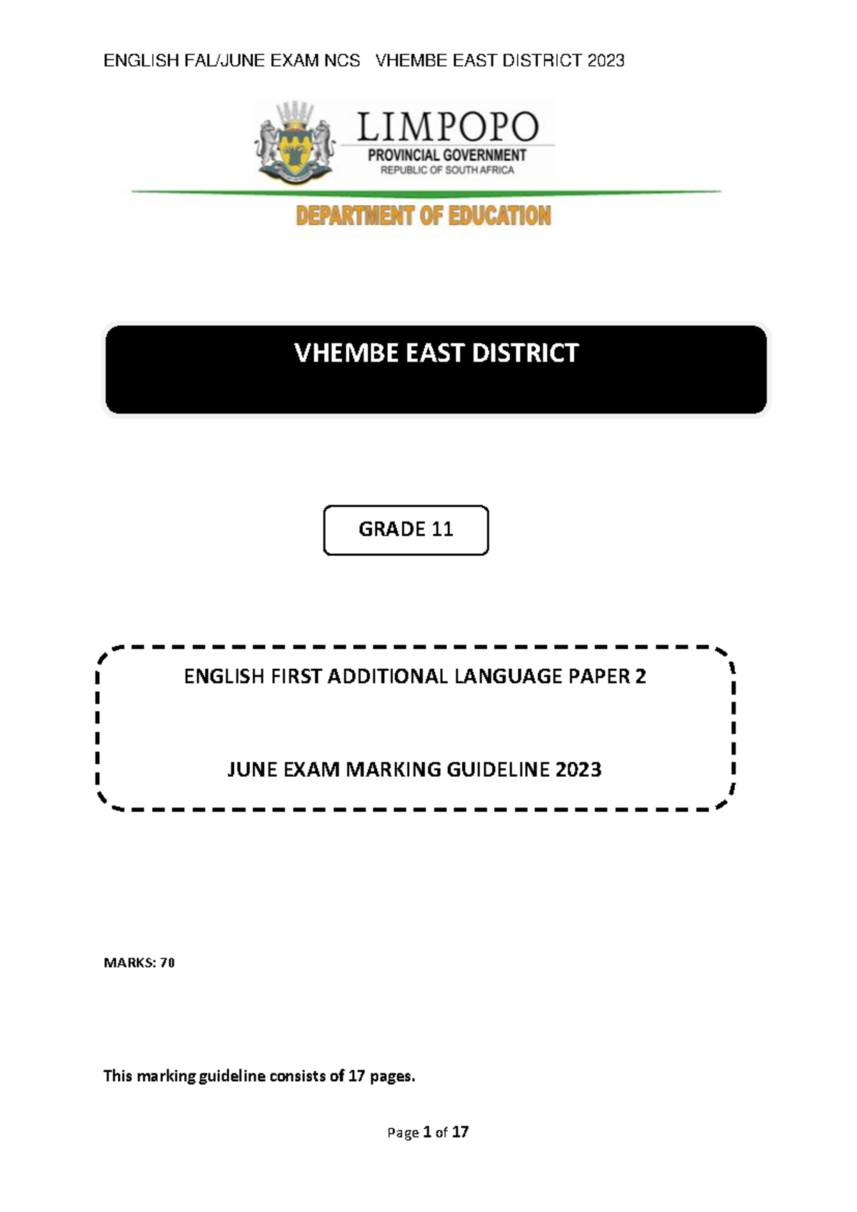 Grade 11 English FAL June Exam Memo 2023 - Marking Guidelines - Studocu