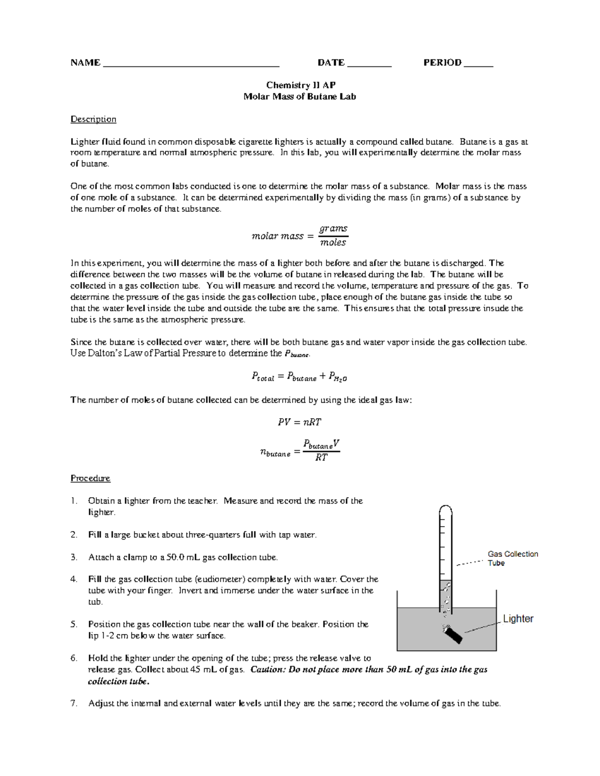 Molar mass butane - NAME ____________________________________ DATE ...