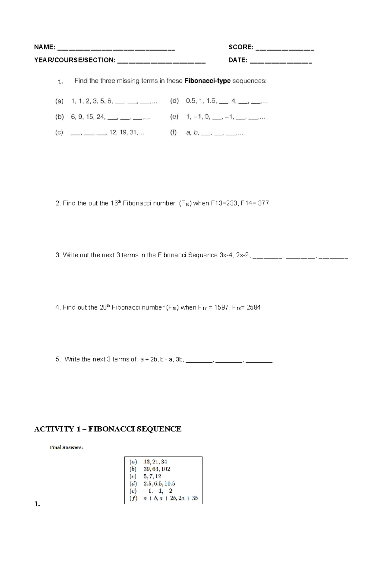 Activity 1: Fibonacci Sequence Analysis and Calculations - Studocu