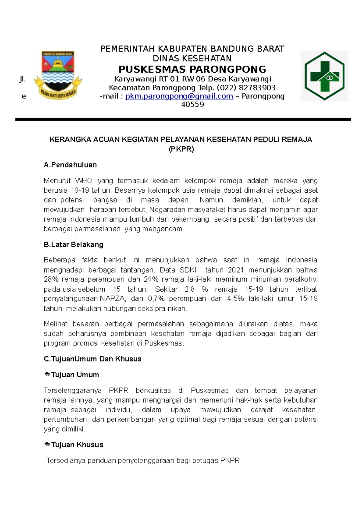 Kerangka Acuan Kegiatan Pelayanan Kesehatan Remaja (PKPR) - KAK - Studocu