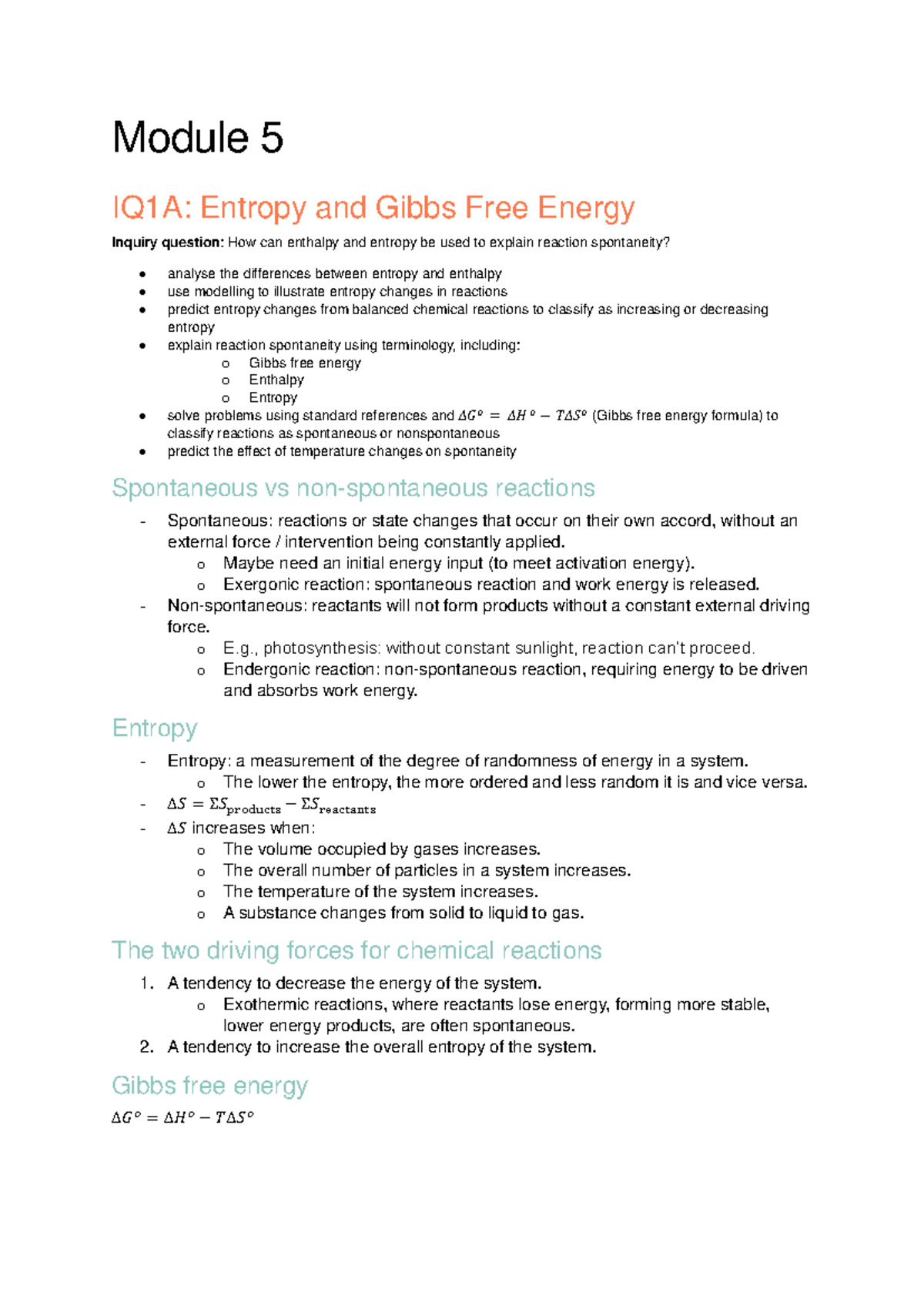 Module 5 & 6 Study Notes: Entropy, Gibbs Free Energy, and Equilibrium ...