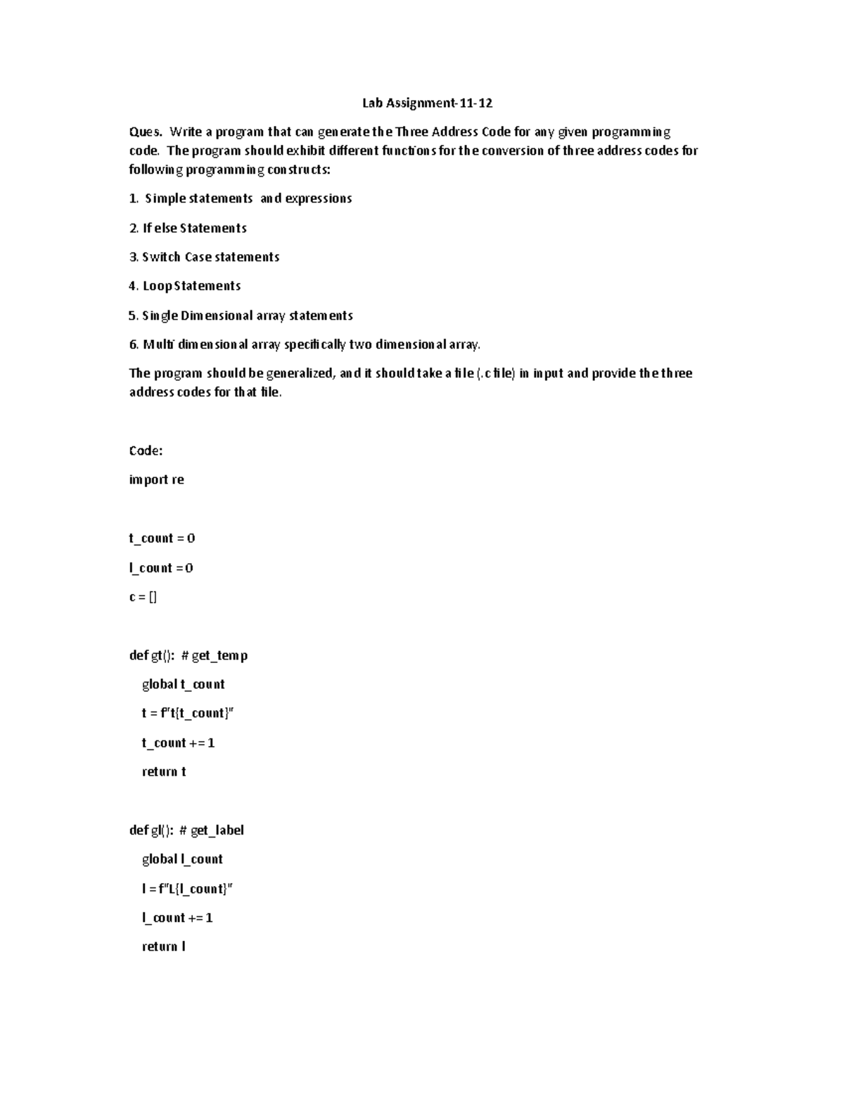 2022BCS 024 Lab Assignment - 11: Generating Three Address Code - Studocu