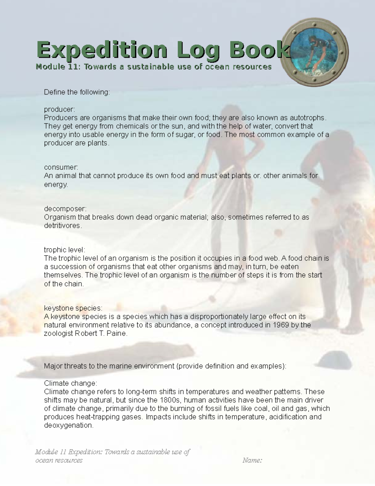 Log Book 11: Sustainable Use of Ocean Resources in Ocean Science 1000 ...