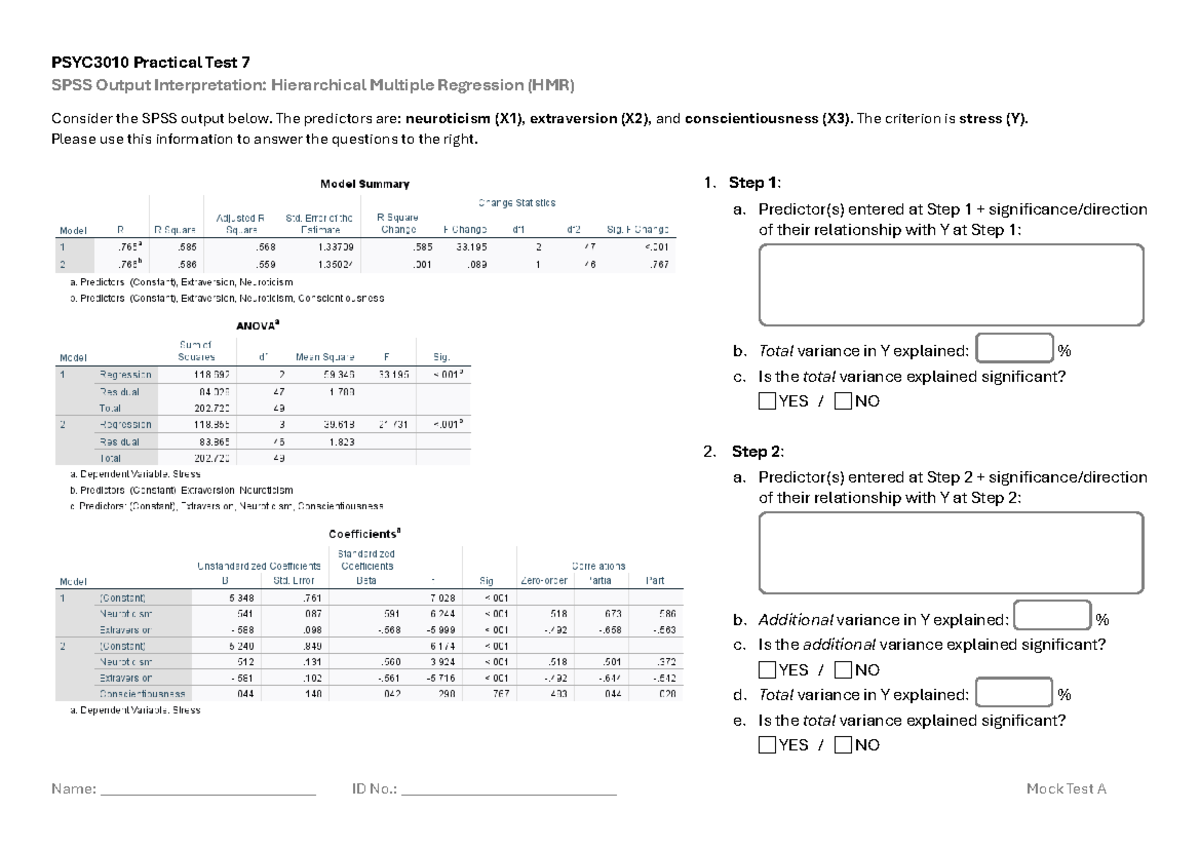PSYC3010 Practical Test 7: HMR SPSS Output Analysis and Interpretation ...