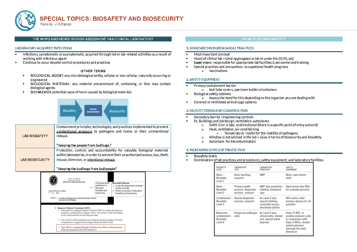 SPECIAL TOPICS: BIOSAFETY & BIOSECURITY - BIORISK ASSESSMENT - Studocu