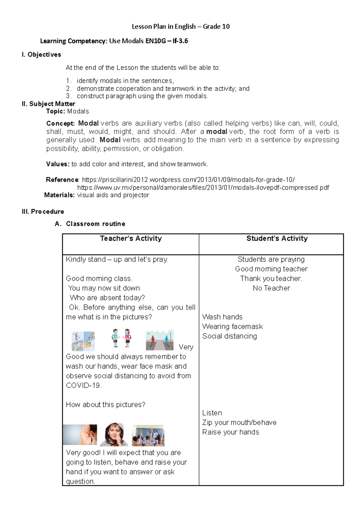 Lesson Plan for Grade 10 English: Focus on Modals and Teamwork - Studocu