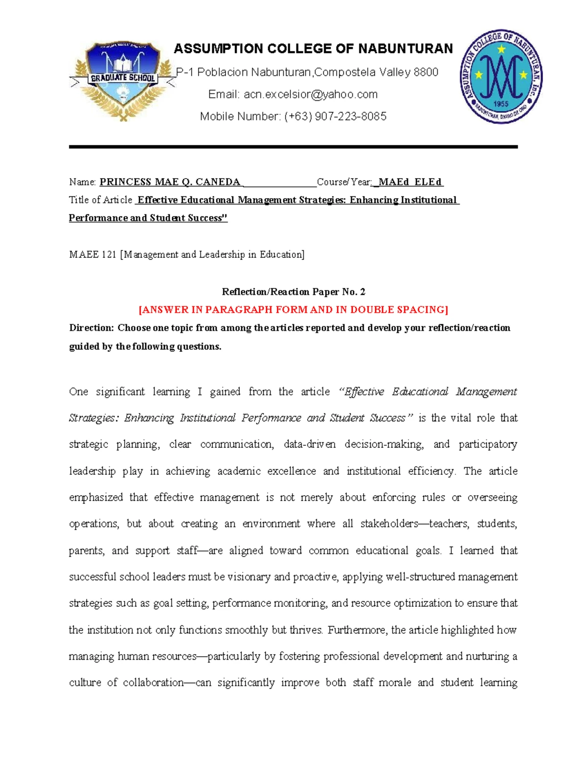 Reaction Reflection Paper No. 1 - Name ...