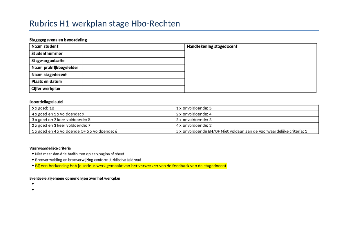 H1 Werkplan Rubrics voor 5 Maanden Stage Hbo-Rechten - Studeersnel