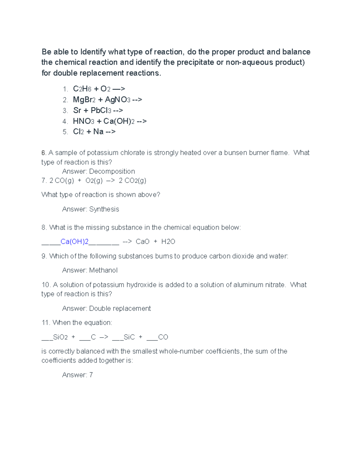 Chemical Reaction Types & Balancing Exercises: Chem 101 Review - Studocu