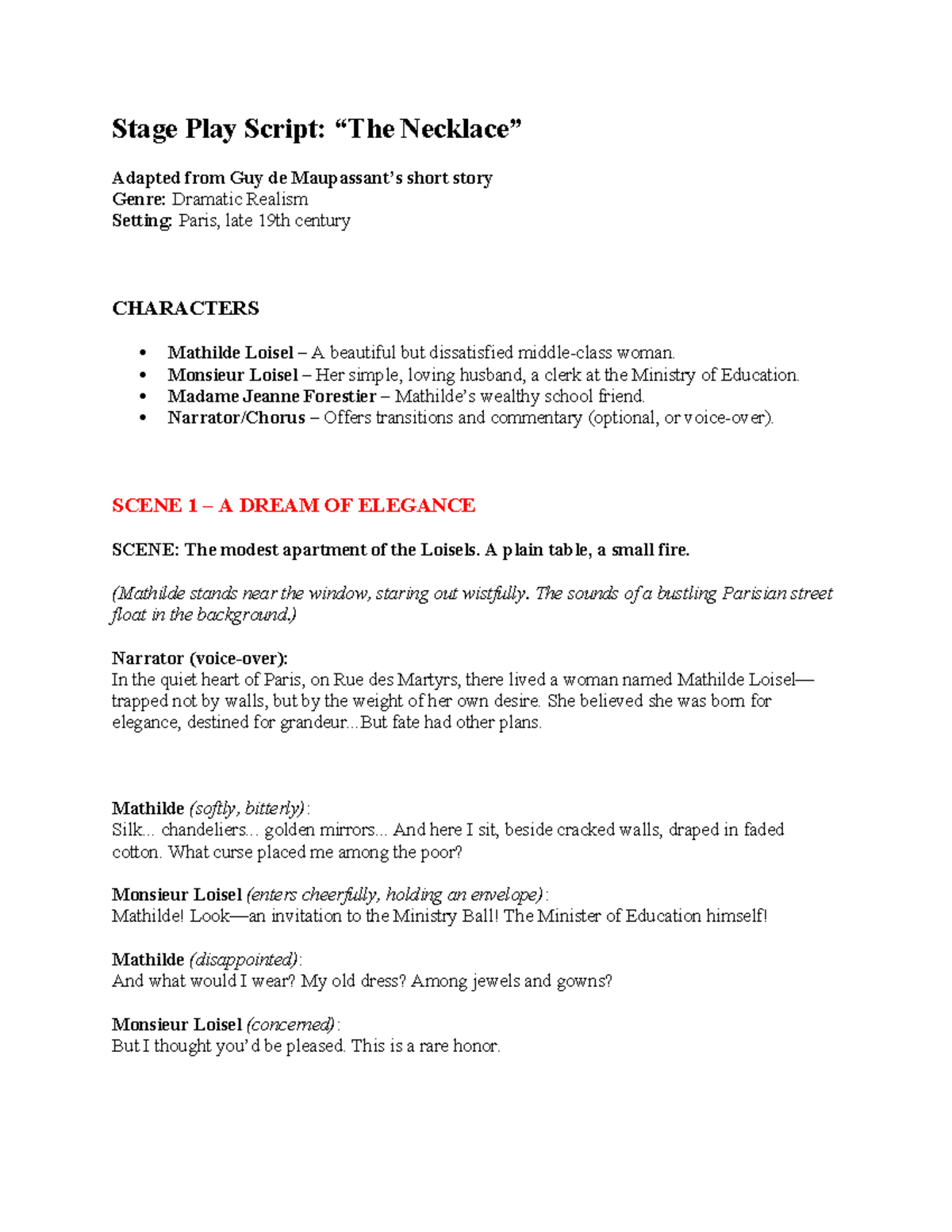 Stage Play Script: Adaptation of Guy de Maupassant's "The Necklace ...