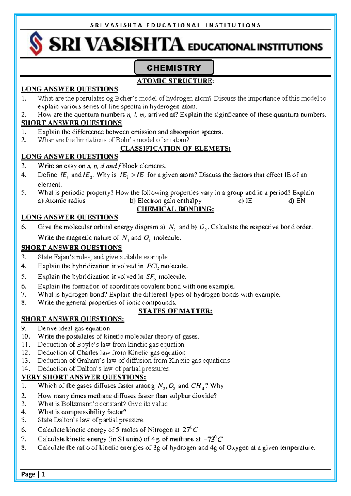 Chemistry-I Question Bank: Long & Short Answer Questions on Atomic ...