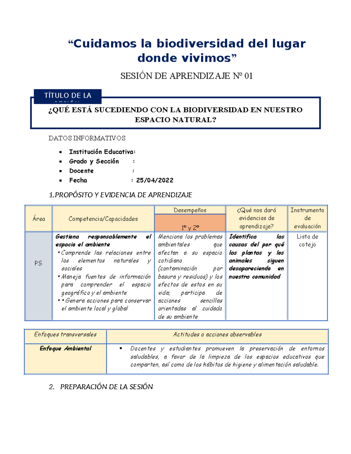 Sesión de Aprendizaje: Cuidado de la Biodiversidad en 1° y 2° Grado - Studocu