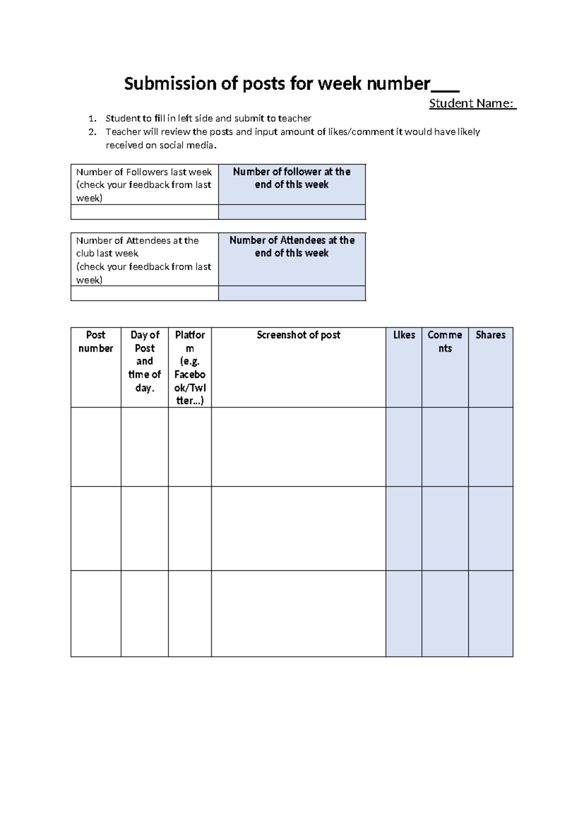 Student Weekly Post Submission Template - Submission of posts for week ...