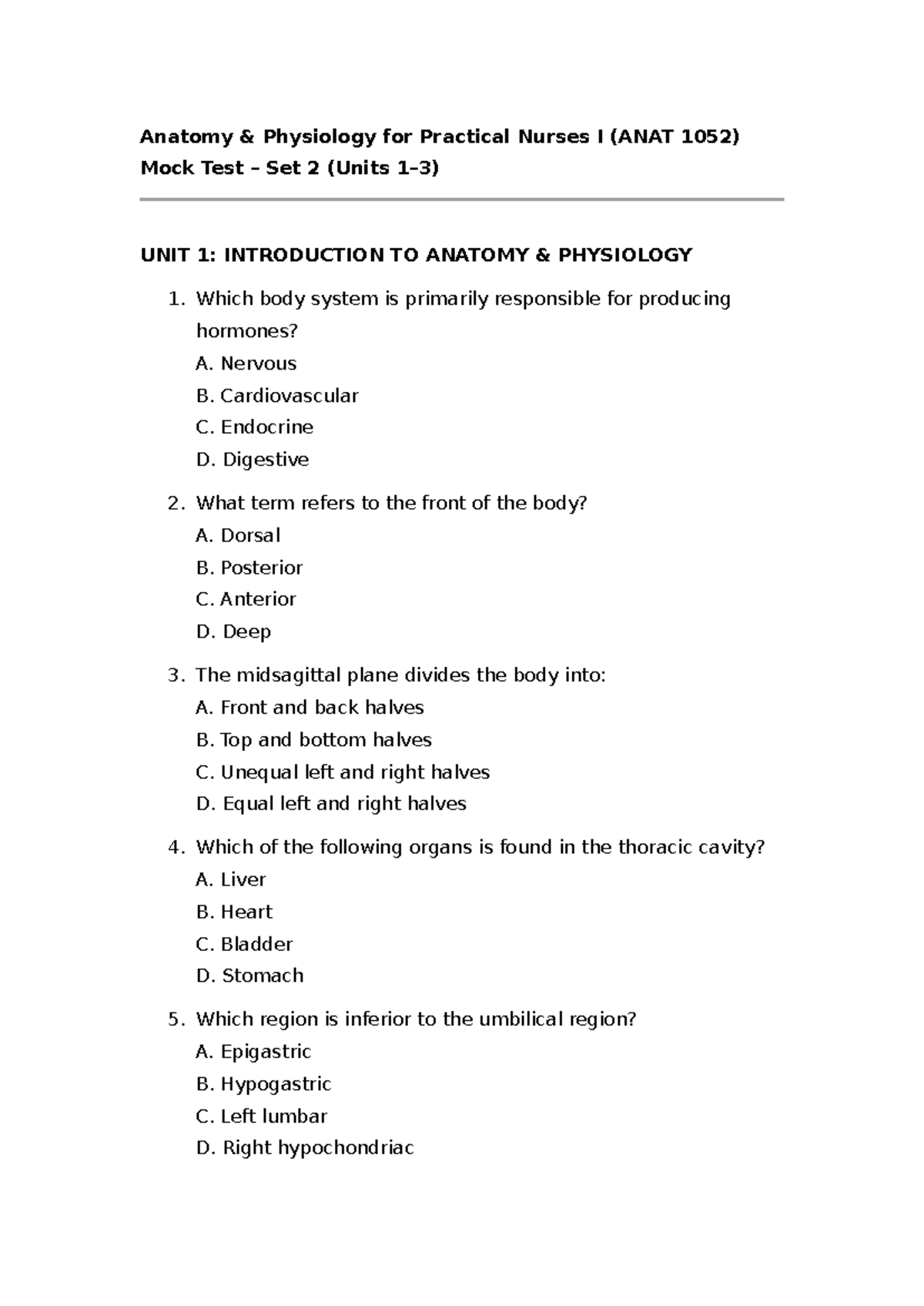 Anatomy Physiology for Practical Nurses I (ANAT 1052) Mock Test Set 2 ...