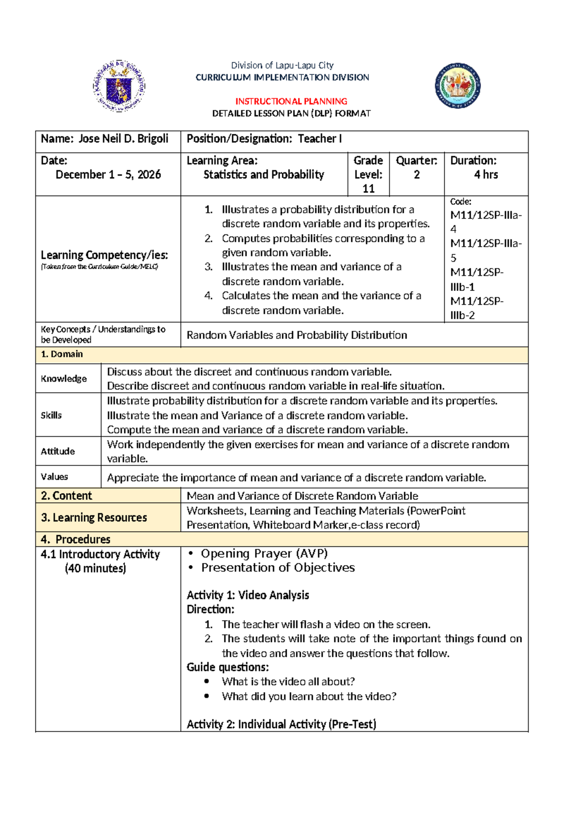 W2 STAT - Detailed Lesson Plan on Random Variables & Probability ...