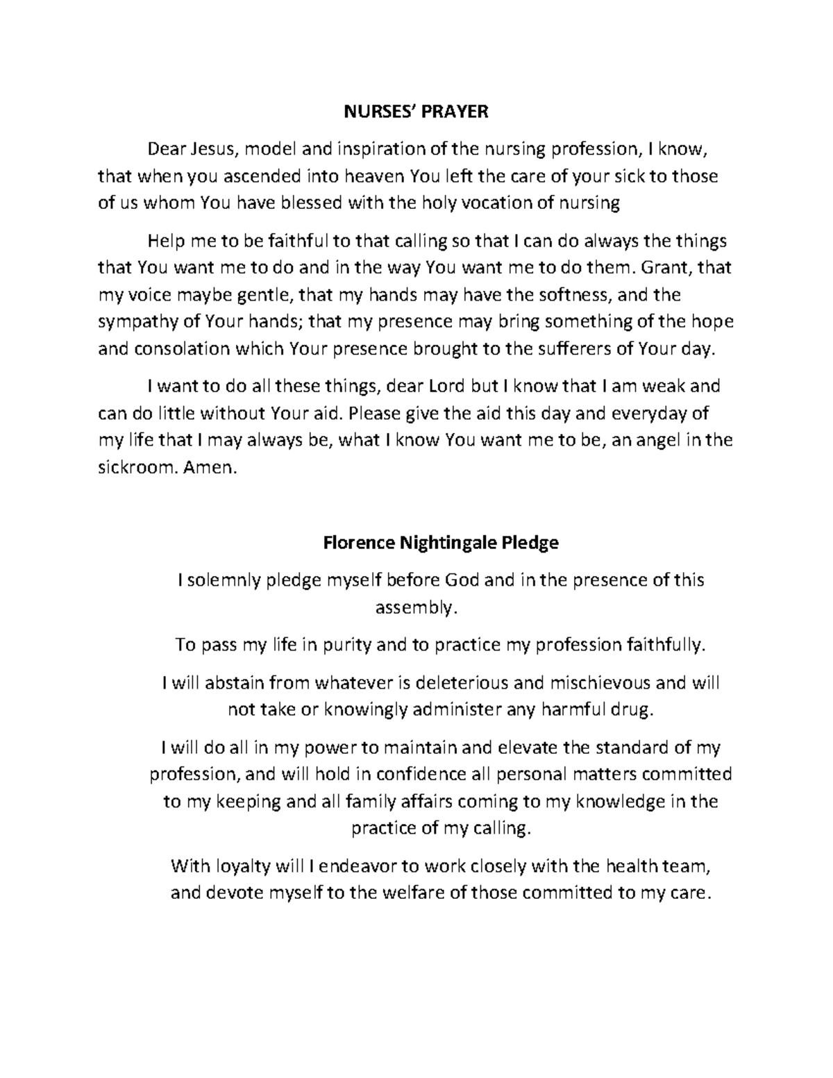 Nurses’ Prayer and Florence Nightingale Pledge: A Spiritual Commitment ...