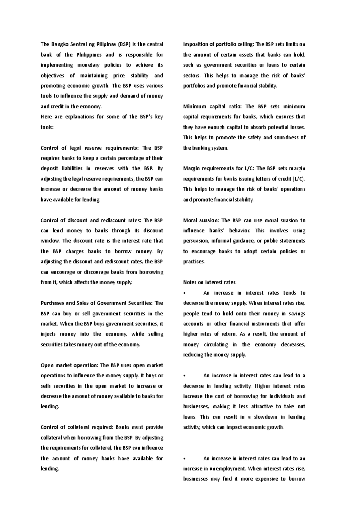 BSP Monetary Policy Tools and Economic Impacts Explained - Studocu