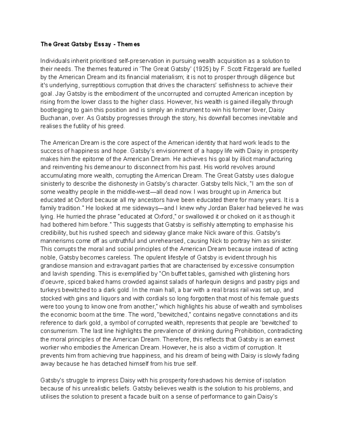 ENG 101 The Great Gatsby Essay: Analyzing Themes of Wealth and ...