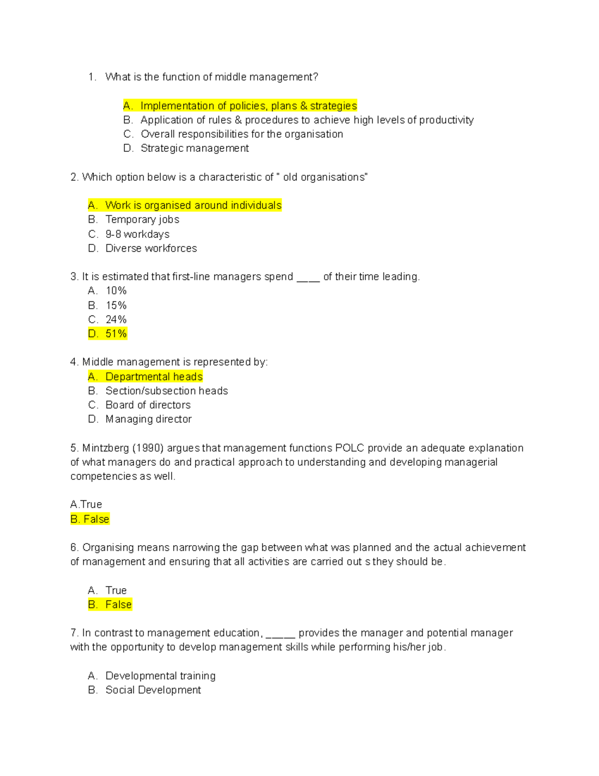 Intro to Business Management KCQ 1 Answers: Middle Management Functions ...