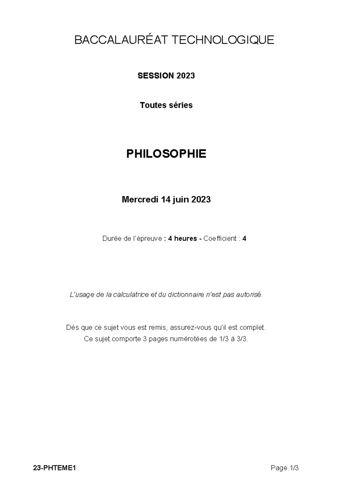 Sujet bac philo 2023 - 23-PHTEME1 Page 1/ BACCALAURÉAT TECHNOLOGIQUE ...