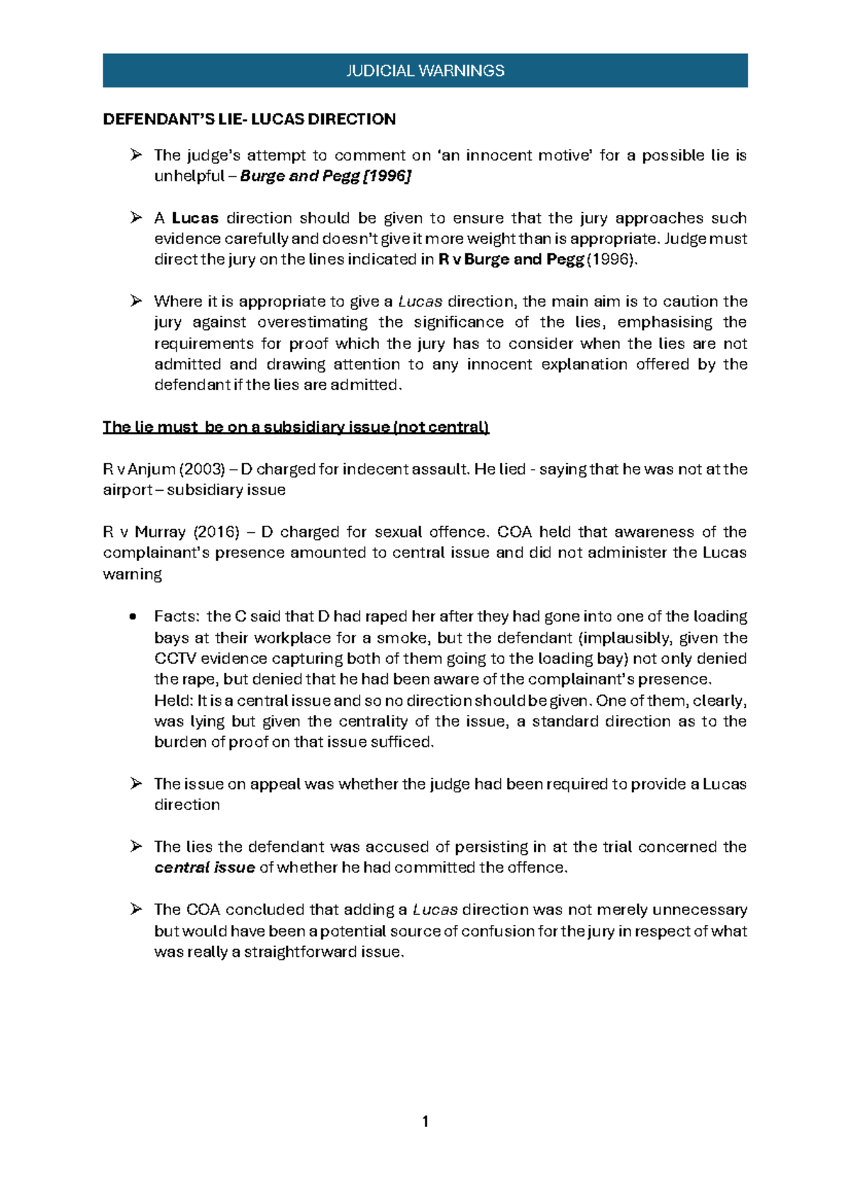 Judicial Warnings on Lucas Direction - Lecture Notes (LAW 101) - Studocu