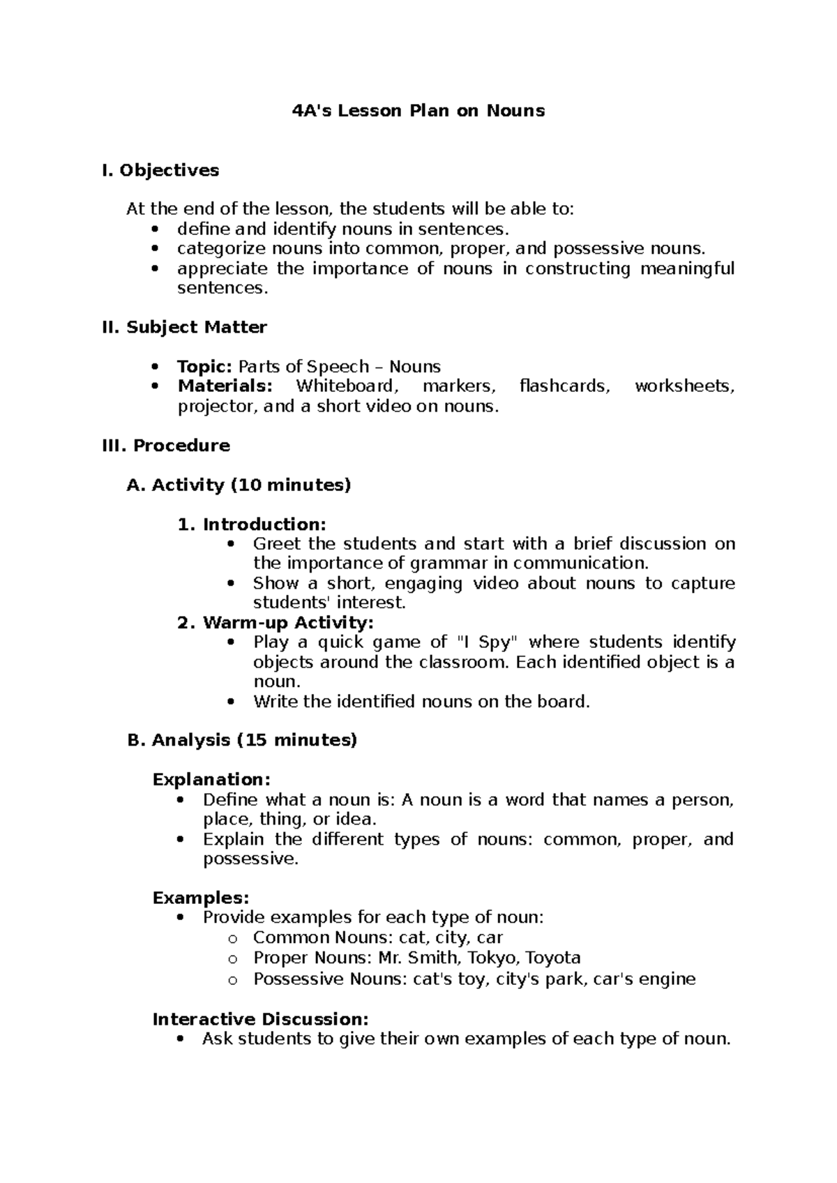 NOUN Lesson Plan: Engaging Activities & Objectives for Students - Studocu