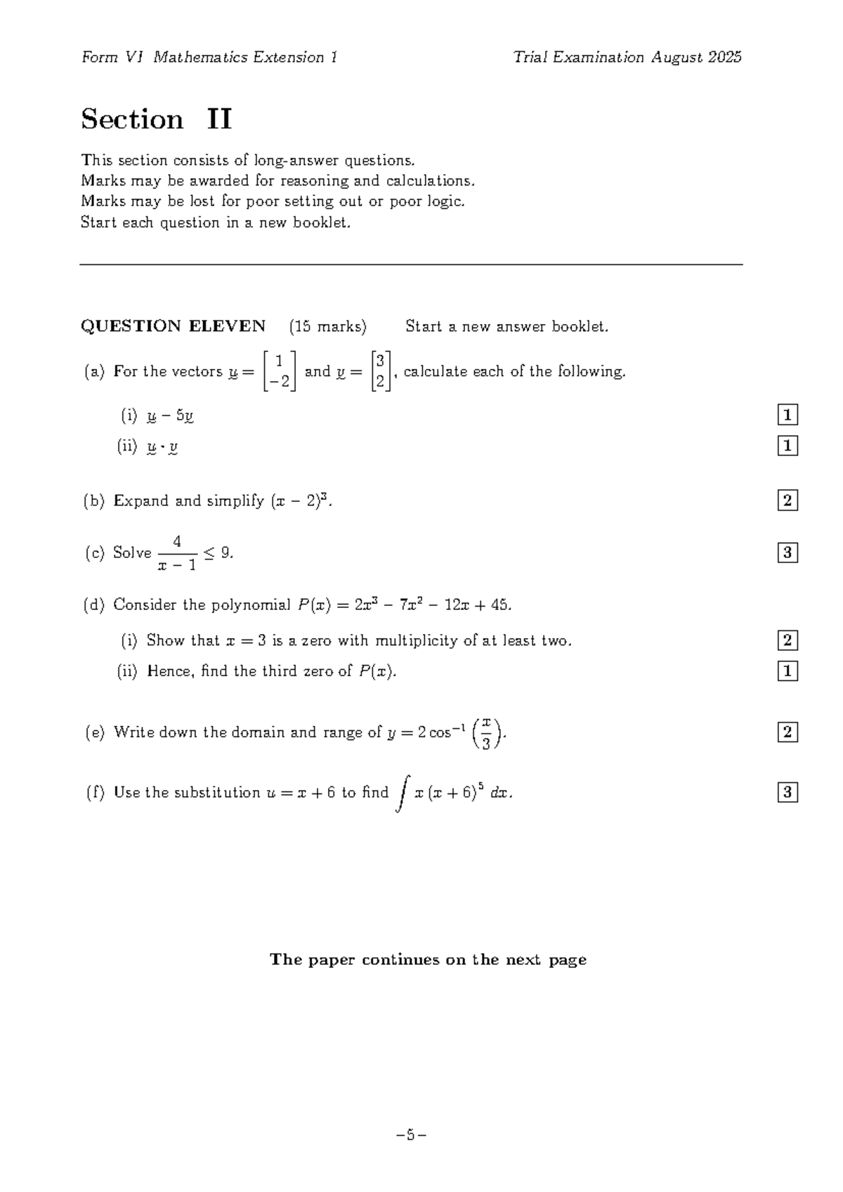 Form VI Mathematics Extension 1 Trial Exam August 2025 Questions ...