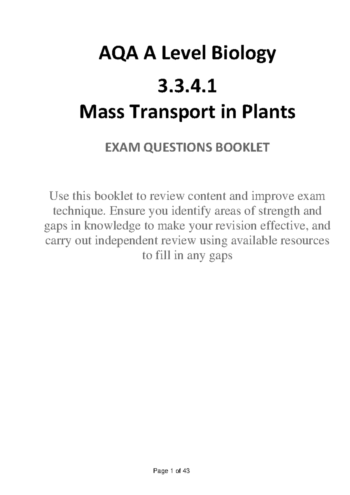 AQA A Level Biology 3.3.4.1 Mass Transport in Plants Exam Questions ...