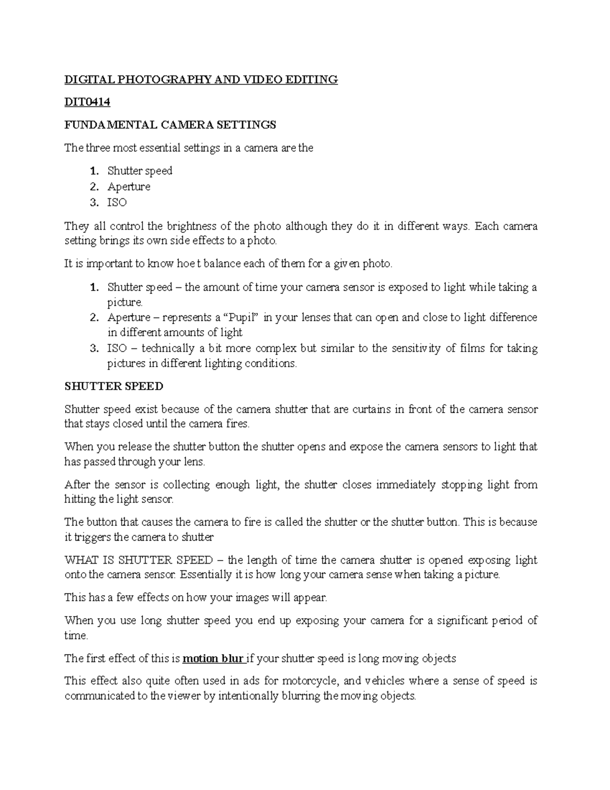 DIGITAL PHOTOGRAPHY DIT0414: MASTERING CAMERA SETTINGS - Studocu