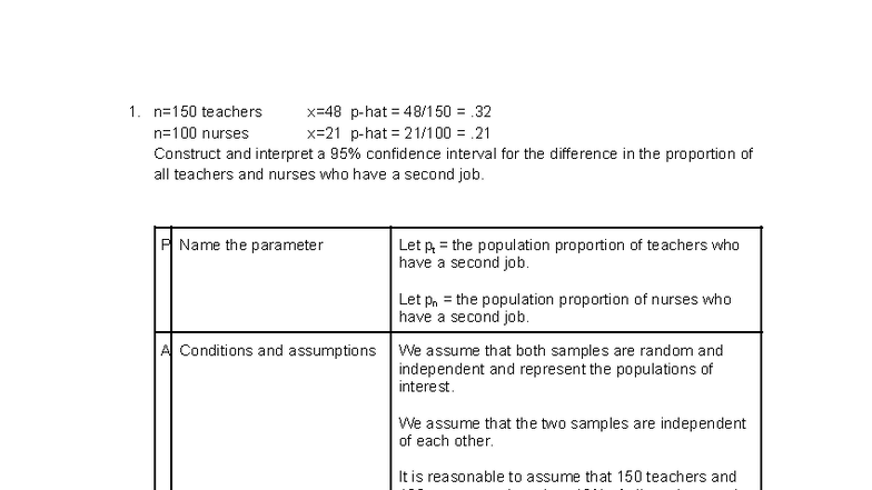 AP Stats: Confidence Intervals for Teacher vs Nurse Job Proportions ...