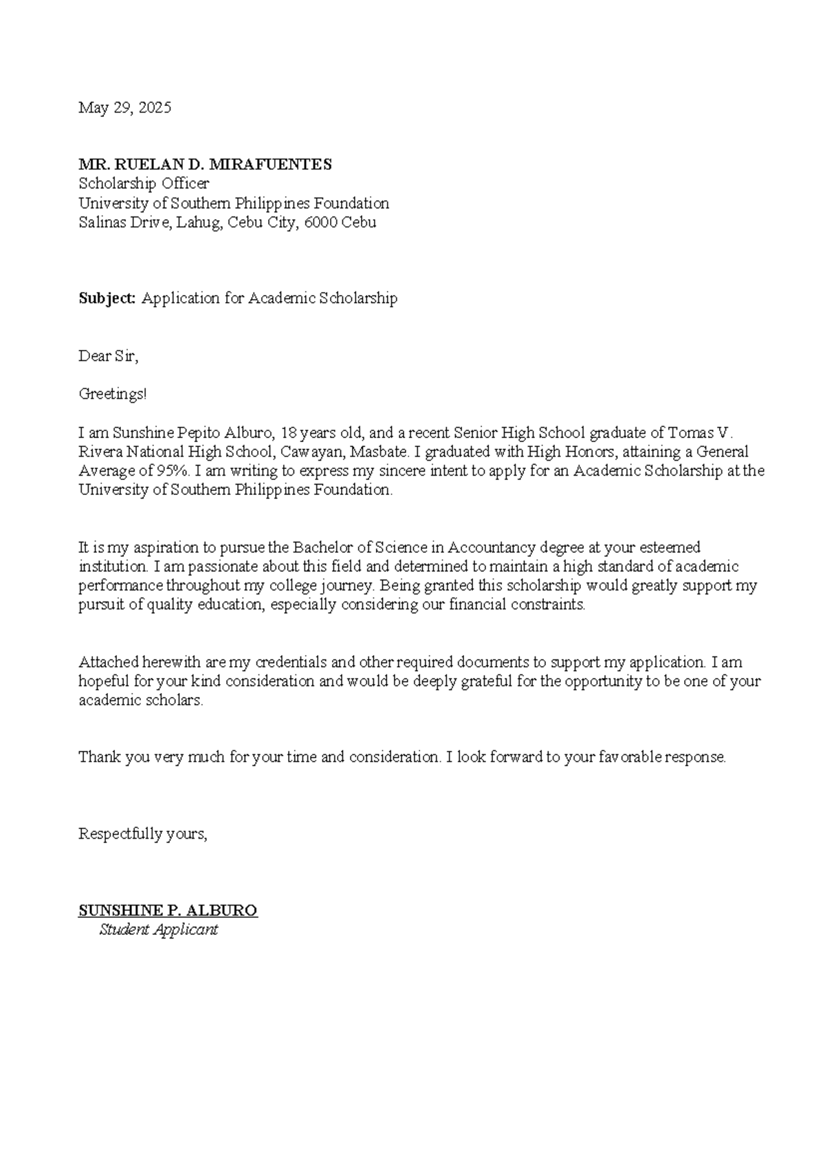 Academic Scholarship Application Letter - Sunshine P. Alburo - Studocu