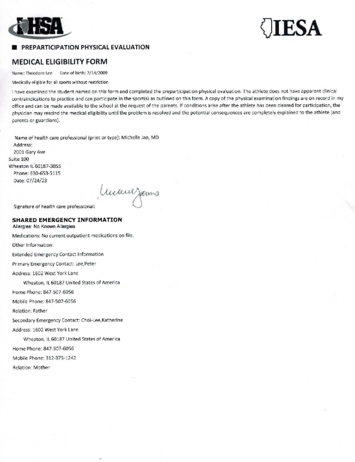 HSA Preparticipation Physical Evaluation Form for Theodore Lee - Studocu