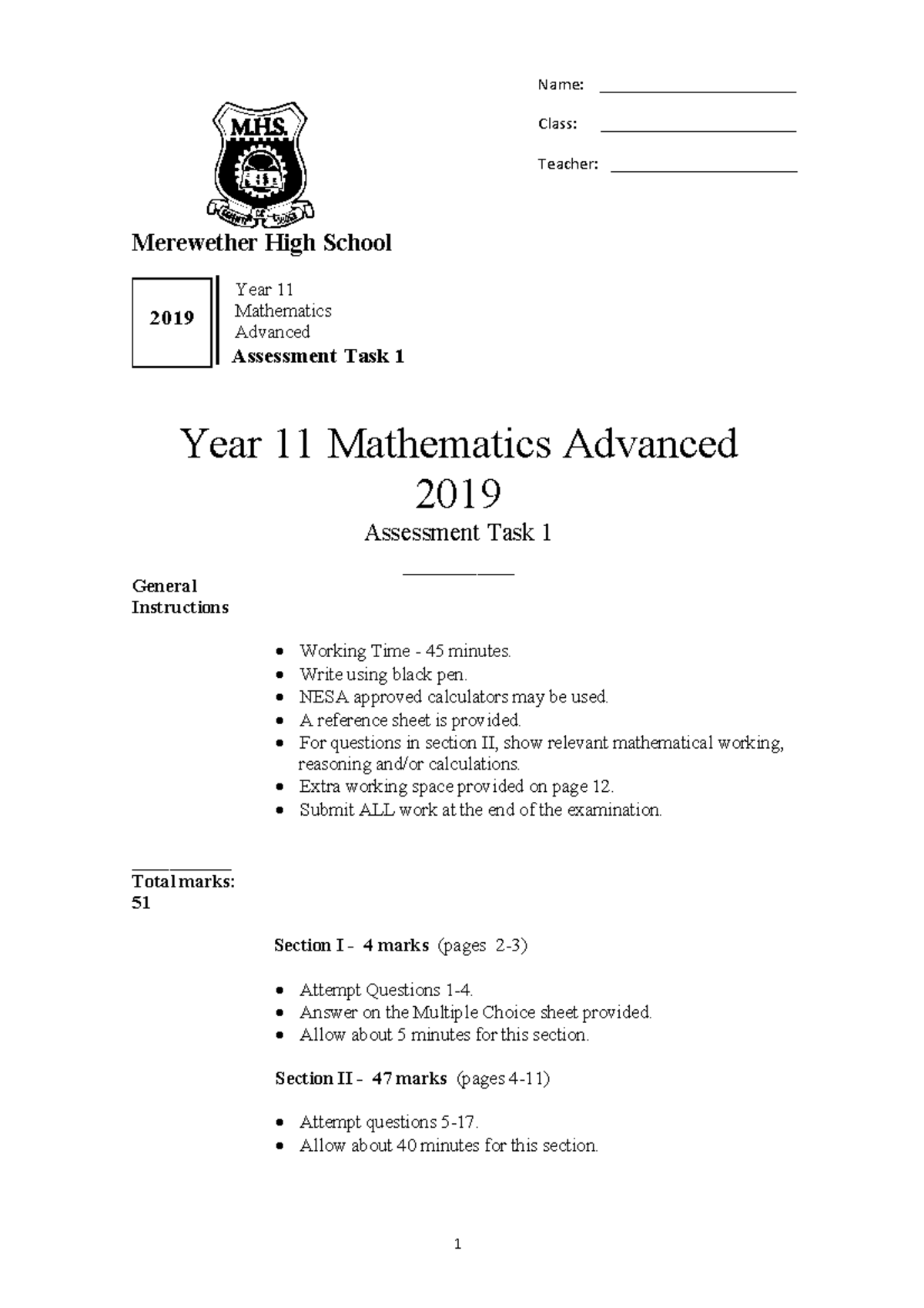 Year 11 Maths Adv - Assessment Task 1 (2019) - Merewether High School ...