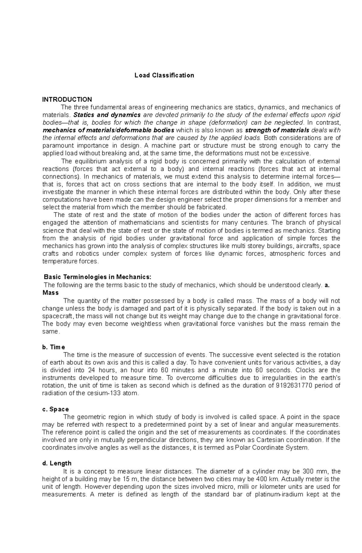Mechanics of Materials and Load Classification Essentials - Studocu