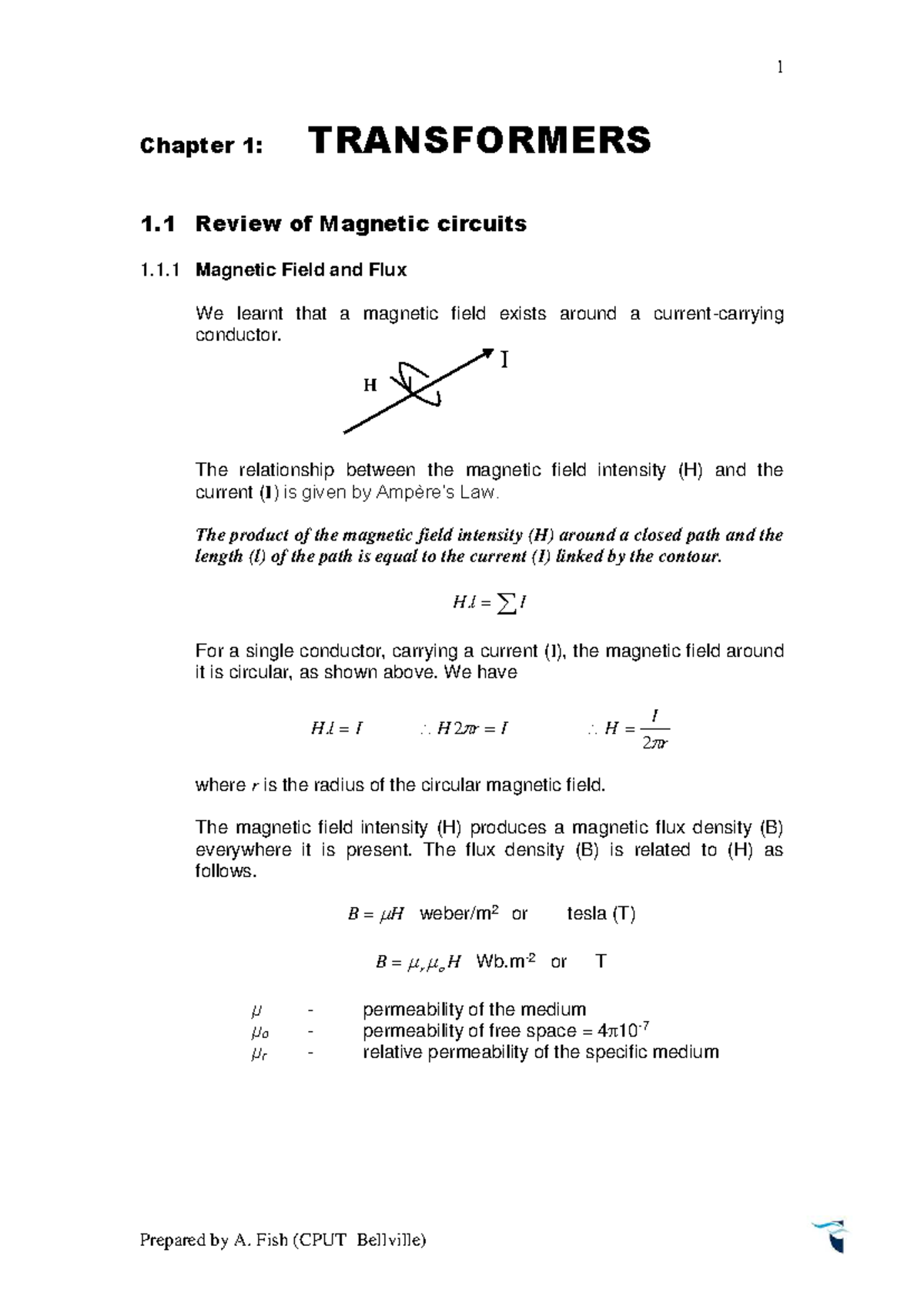 Transformer 2010: Chapter 1 - Magnetic Circuits and Principles - Studocu