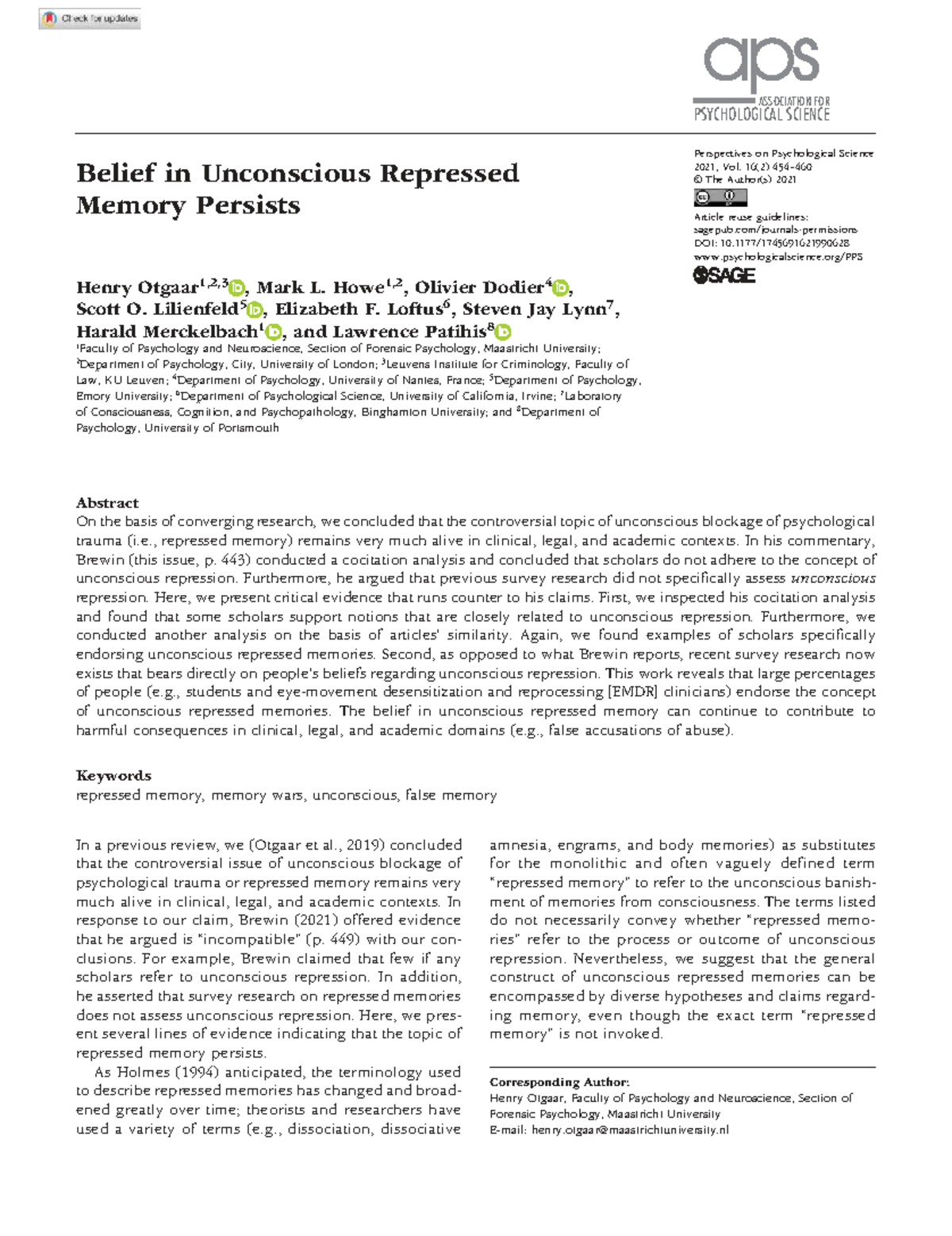 Belief in Unconscious Repressed Memory: Evidence & Implications (PSY ...