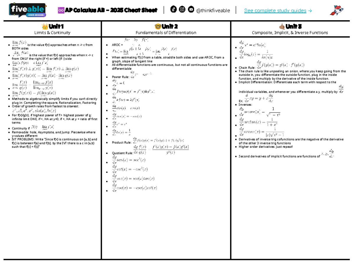 Calculus AB 2025 Final Exam Cheat Sheet: Limits & Continuity - Studocu