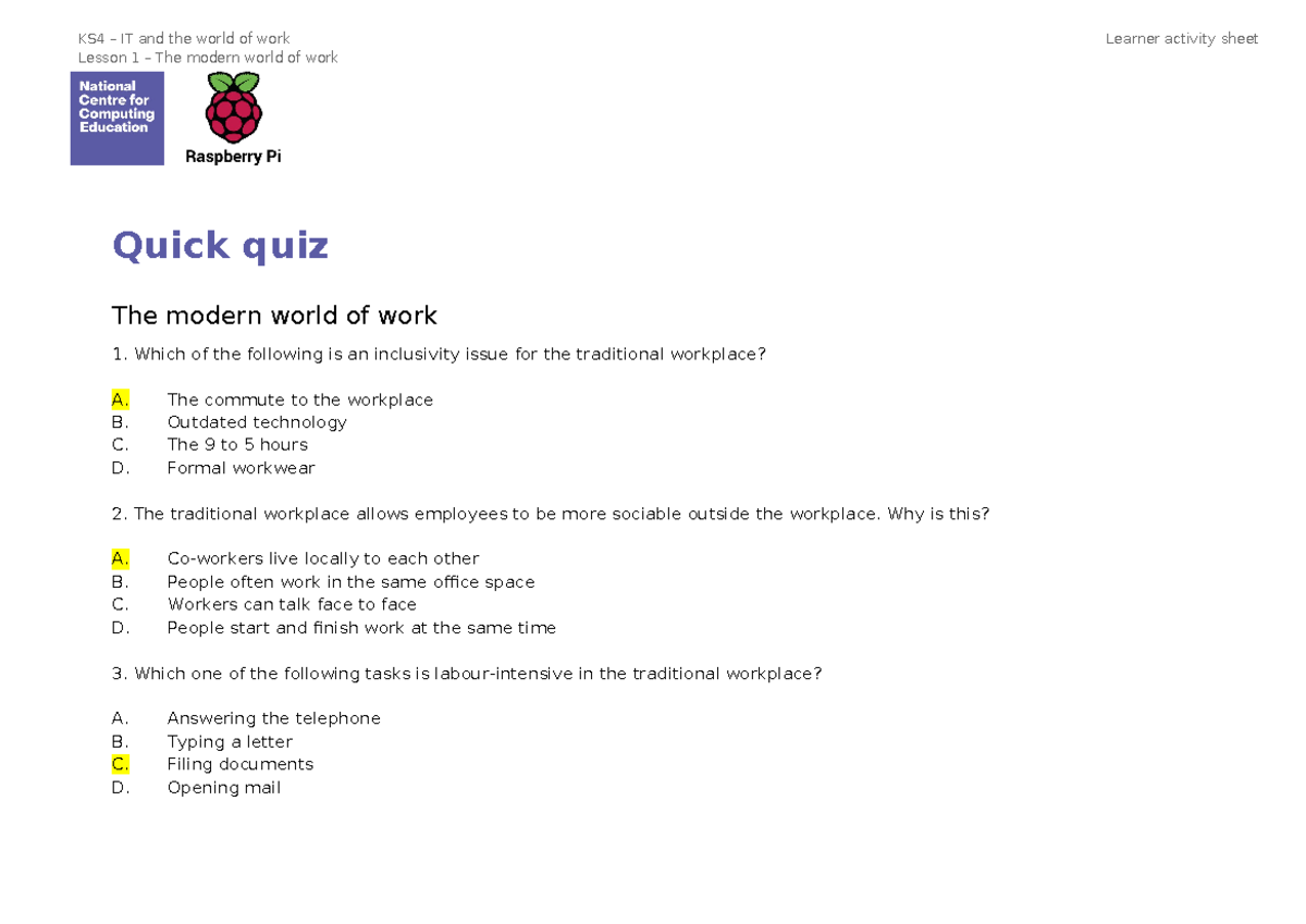 KS4 IT & The World of Work - Lesson 1 Quick Quiz - Studocu