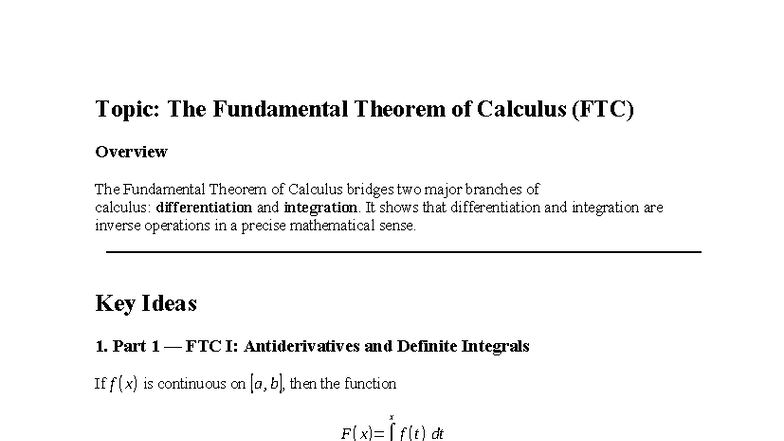 Calculus 101: Overview of the Fundamental Theorem of Calculus - Studocu