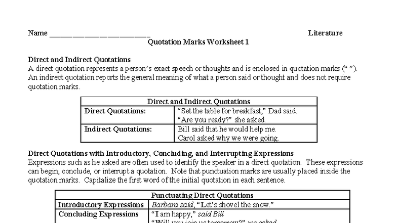 Literature Worksheet 1: Direct & Indirect Quotations Guide - Studocu