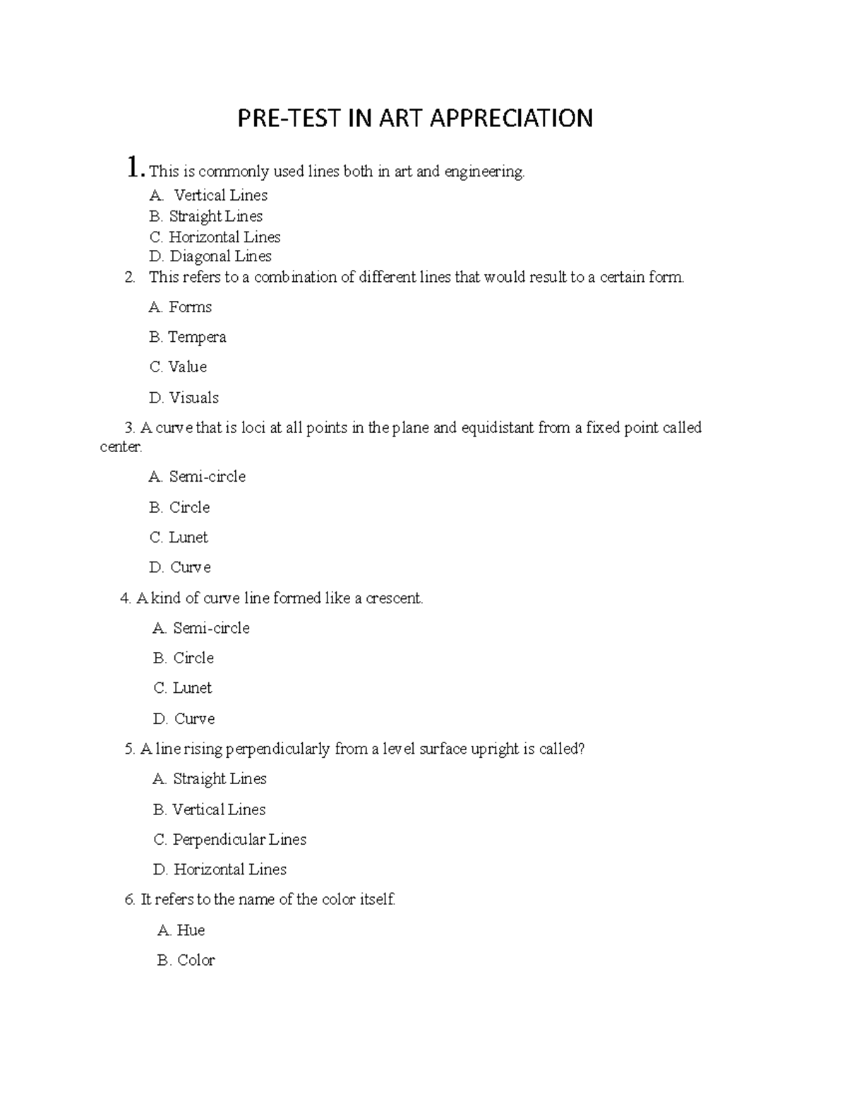 Pre-Test in Art Appreciation (ART101): Understanding Art Elements and ...