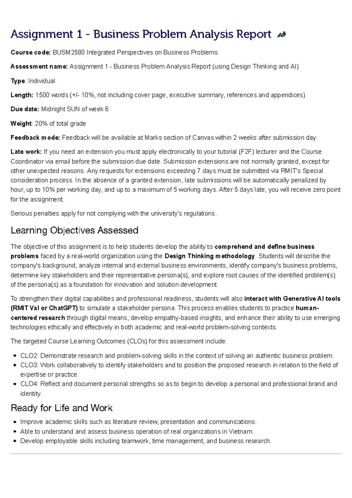 BUSM2580 Assignment 1: Business Problem Analysis Using Design Thinking ...