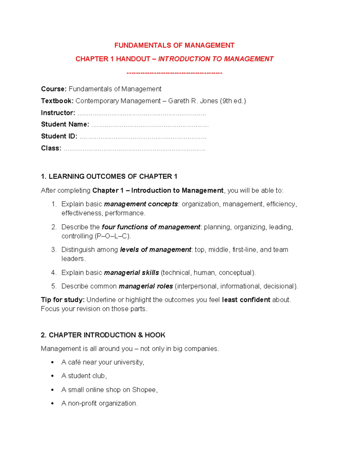 FUNDAMENTALS OF MANAGEMENT CHAPTER 1 HANDOUT: INTRODUCTION TO ...