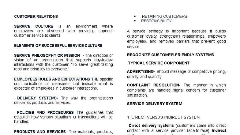 CUSTOMER RELATIONS SERVICE CULTURE: Key Elements & Strategies - Studocu