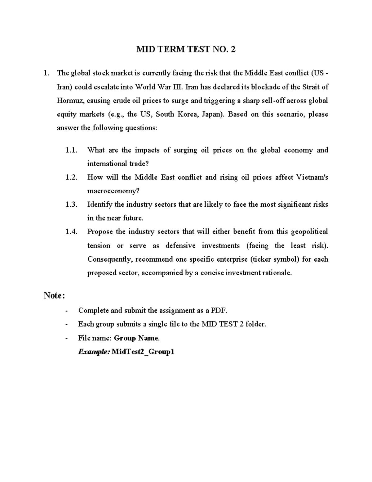 MID TERM TEST NO. 2: Global Market Impacts of Middle East Conflict ...