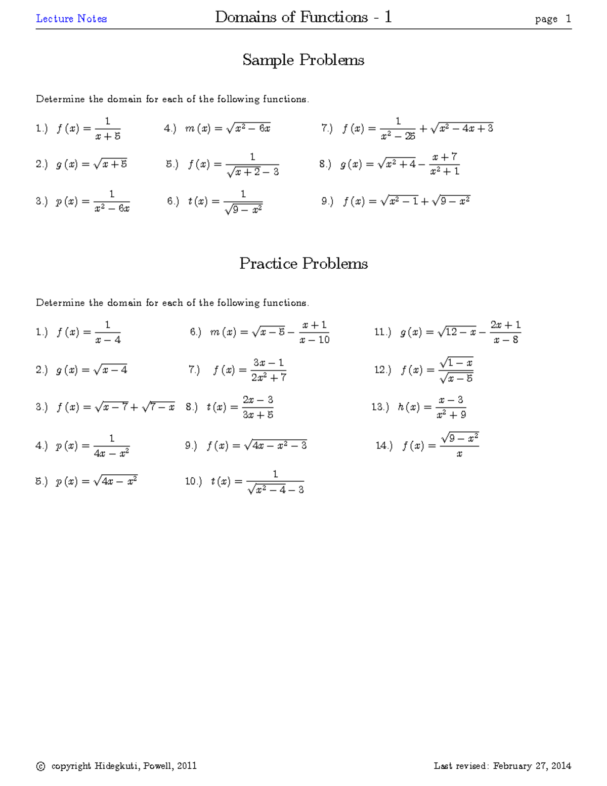 Domain - Sample Problems Determine the domain for each of the following ...
