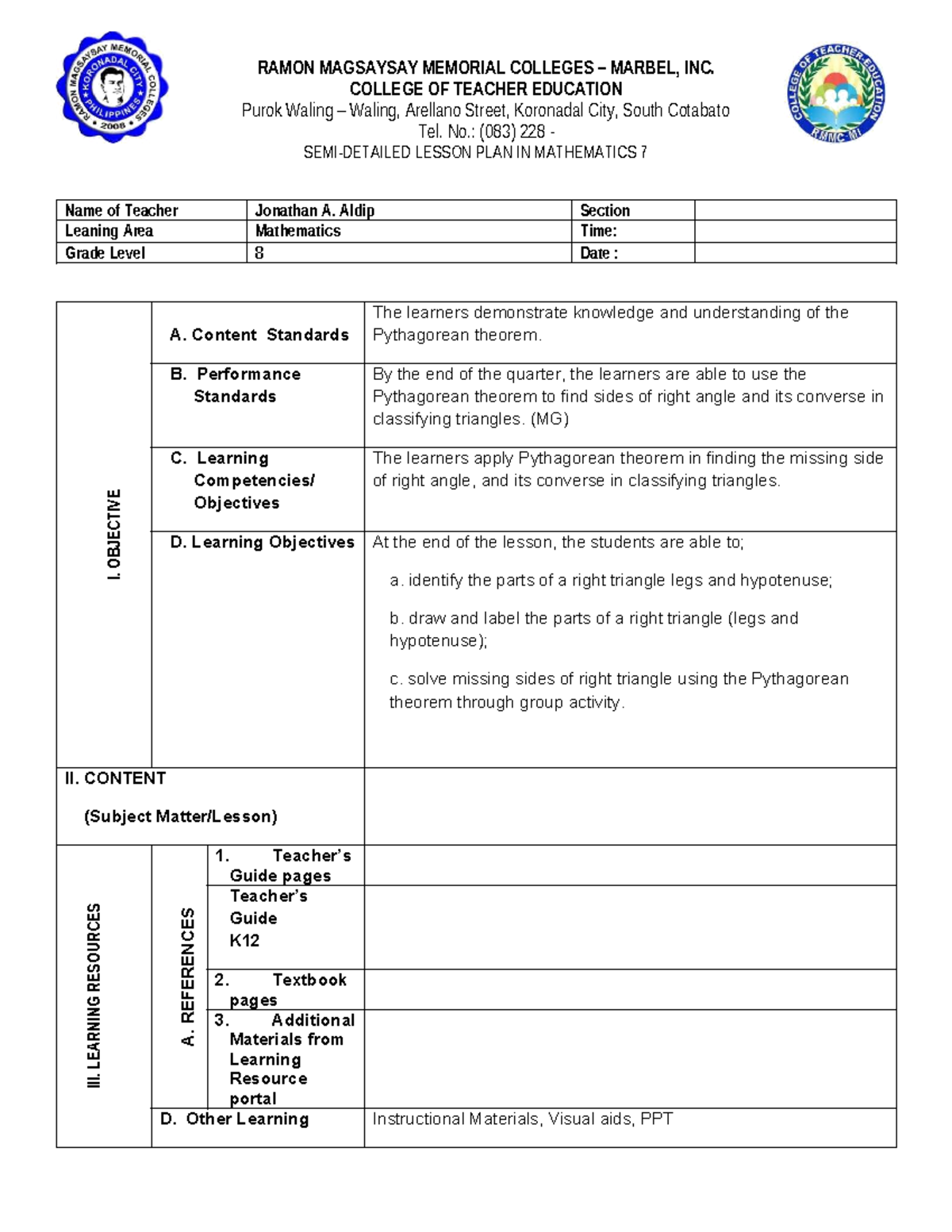 Mathematics 8 Lesson Plan: Understanding the Pythagorean Theorem - Studocu